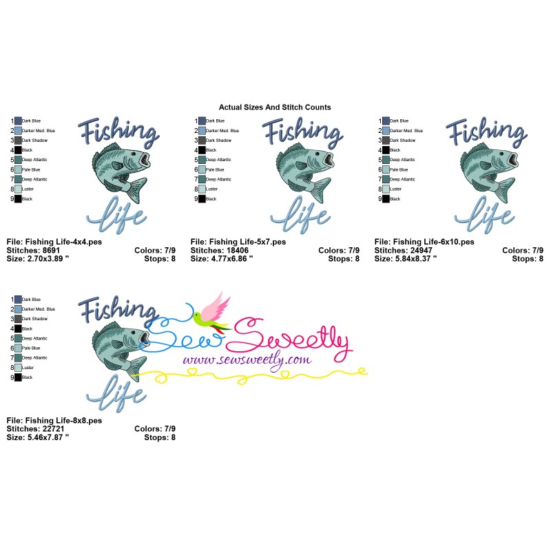 Fishing Life Lettering Embroidery Design Pattern