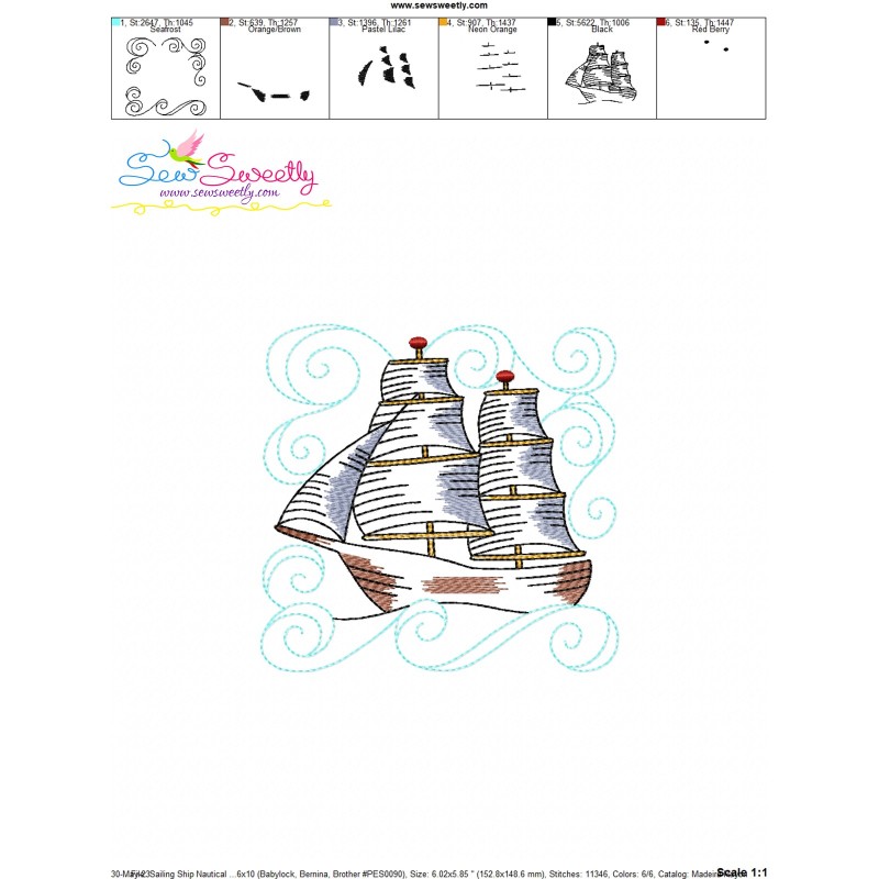 Embroidery Design Pattern - Sailing Ship Nautical Quilt Block