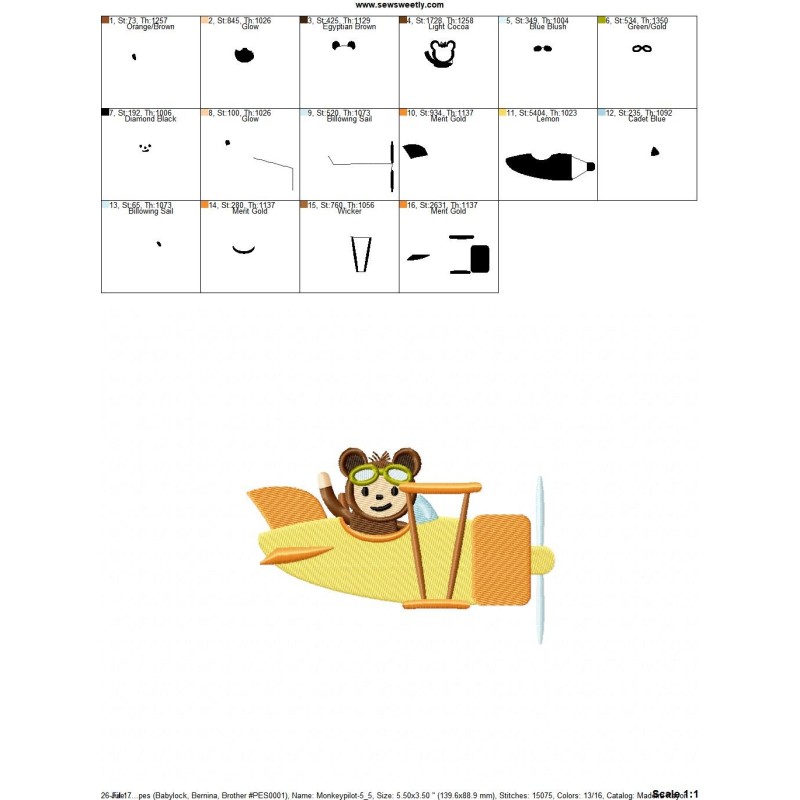 Monkey Pilot Embroidery Design Pattern