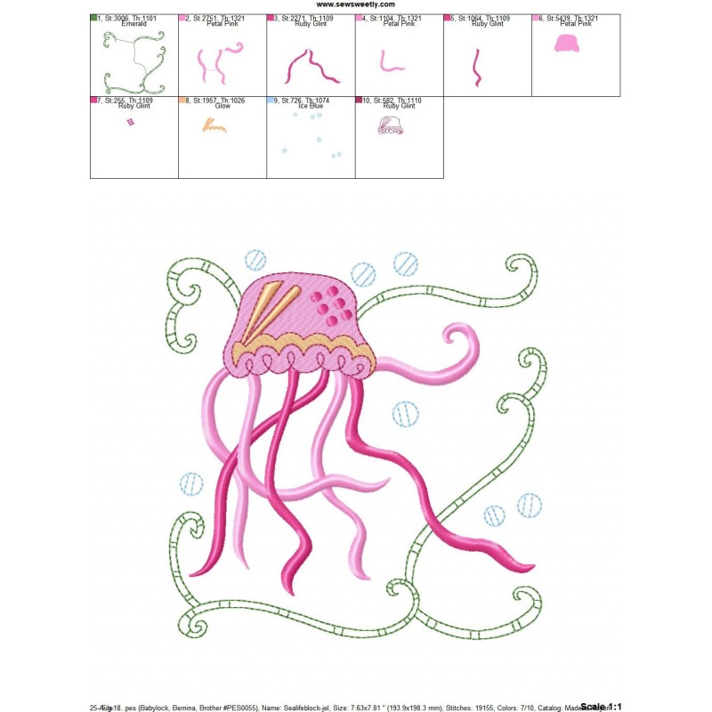 Sea Life Block- Jellyfish Embroidery Design Pattern